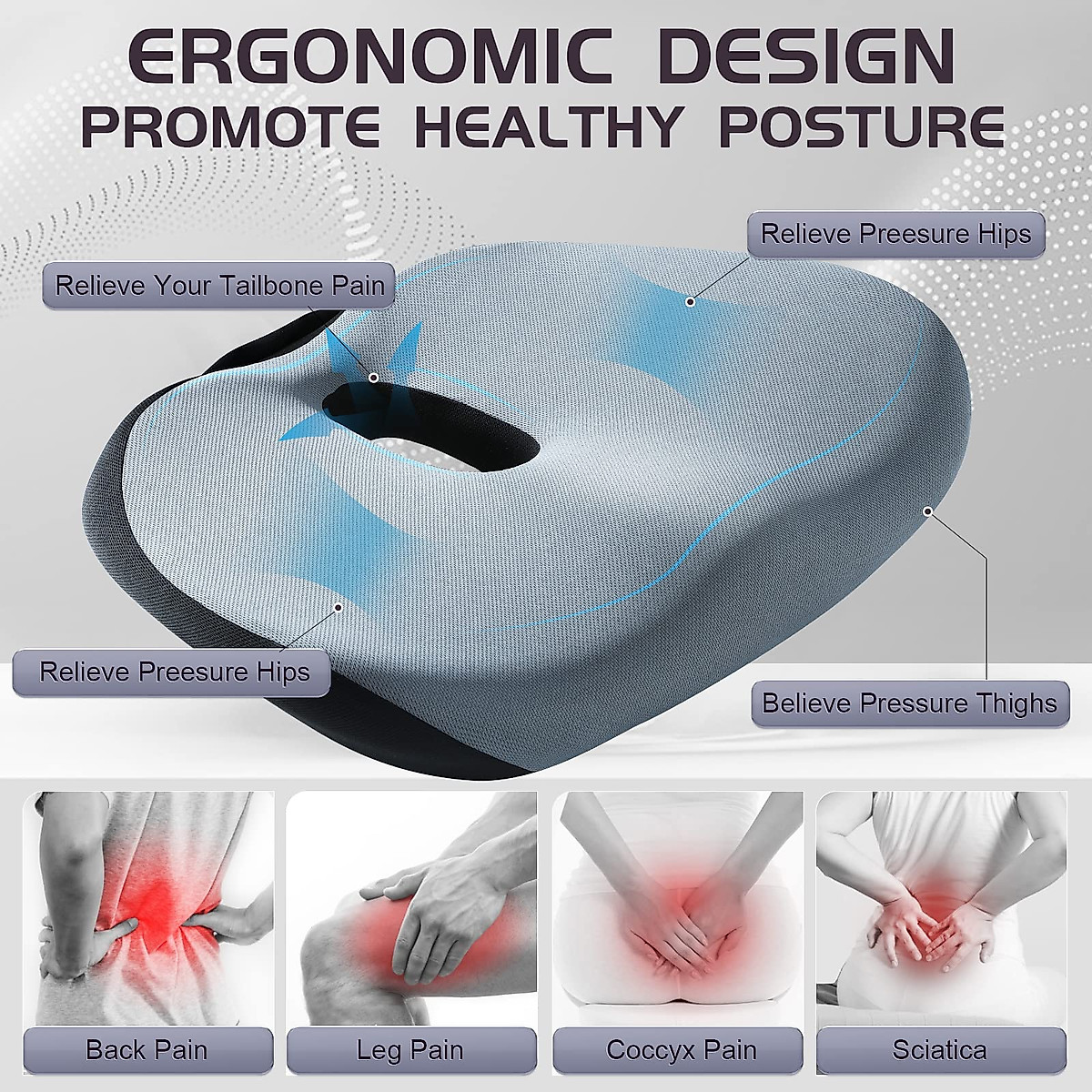 Villsure Seat Cushion, Office Chair Seat Cushion for Back, Tailbone, Hip, Sciatica Pain Relief-Memory Foam Coccyx Pad Butt Pillow for Car, Wheelchair, Computer and Desk Chair