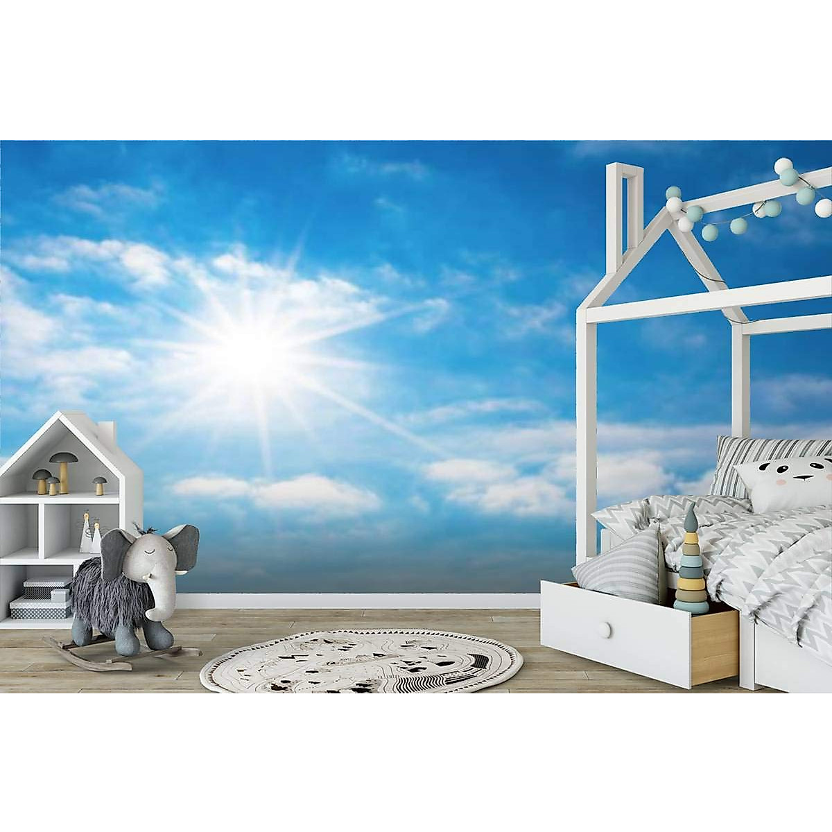 3D Wallpaper The Sun with Bright Rays in The Blue Sky with White Light Clouds Self Adhesive Bedroom Living Room Dormitory Decor Wall Mural Stick and Peel Background Wall Ceiling Wardrobe Sticker