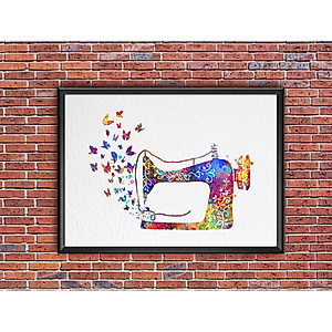 Dignovel Studios 8X10 Unframed Sewing Machine Butterfly Seamstress Sewing Watercolor Art Print Poster Housewarming Wall Giclee Office Home Decor DN533
