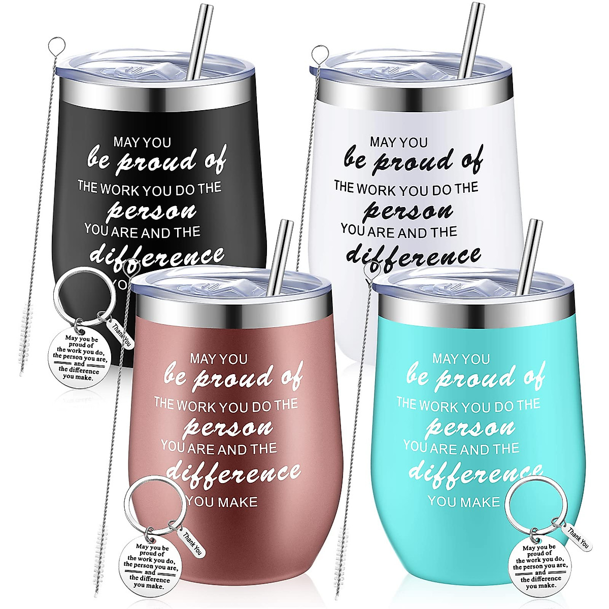 8 Pcs Employee Appreciation Gifts Bulk 4 Stainless Steel Tumbler with 4 Thank You Keychain Thank You Gifts for Women Men Coworker Friends Motivational Inspirational Wine Tumbler 12 Oz, 4 Colors