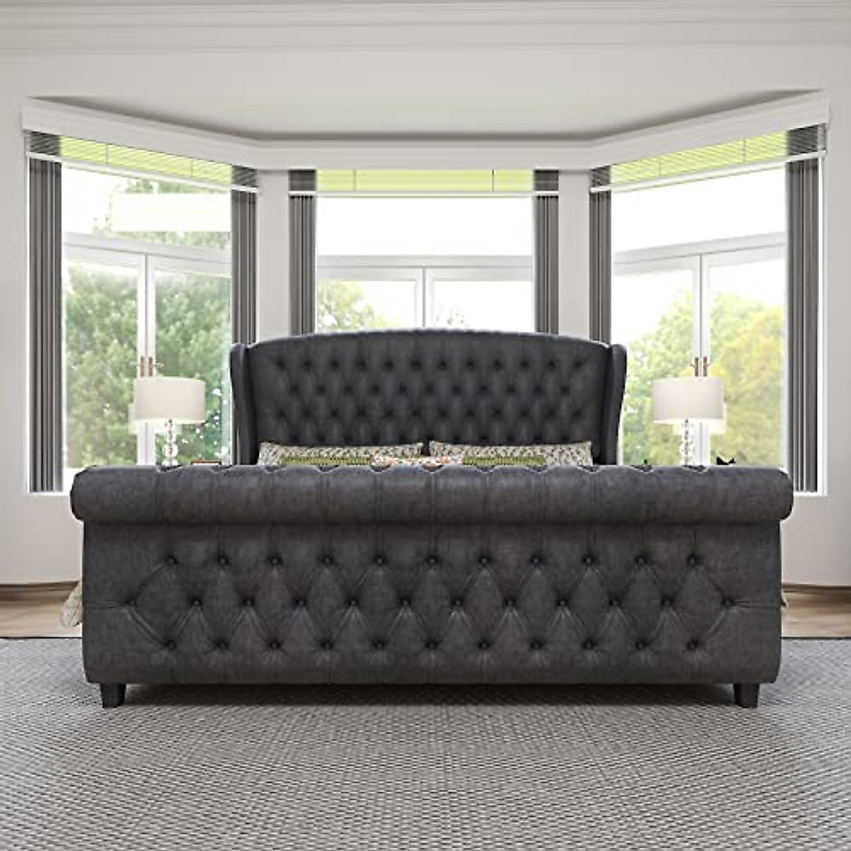 AMERLIFE Queen Size Platform Bed Frame, Velvet Upholstered Sleigh Bed with Scroll Wingback Headboard & Footboard/Button Tufted/No Box Spring Required/Grey