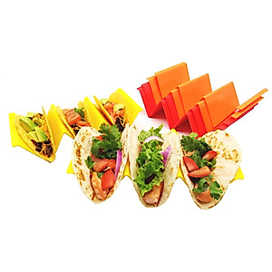 Colorful PP Plastic Taco Holders with Free Recipe Ideas, Premium Tray Plates Holds Up to 3 Tacos Each (Six Pack)
