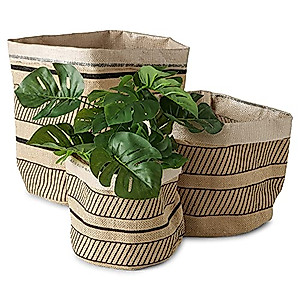 Geometric Striped Linen Plant Baskets, Set of 3, Beige and Black, Floor and Shelf Organizers, Durable Burlap Weave, Collapsible, Stitched, 13.75, 9.75 and 7.75 Inches