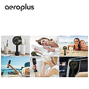 Aeroplus Mini Fan 5" Handheld Personal 3 Speed Rechargeable Battery Operated with Misting Option weatherproof includes dock & cable (Black) desk fan for home kitchen office travel camping