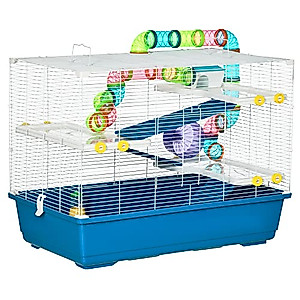 PawHut 31" Extra Large Hamster Cage with Tubes and Tunnels, 4 Tier Small Animal Cage with Portable Carry Handles, Rat Gerbil Cage with Water Bottle, Food Dish, Exercise Wheel