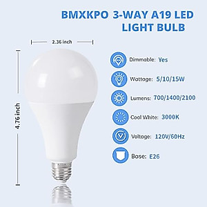 3 Way LED Light Bulb 50 100 150W Equivalent, Replacement Incandescent,A19 Light Bulb 5/10/15W 3000K Soft White E26 Medium Base, 4 Pack