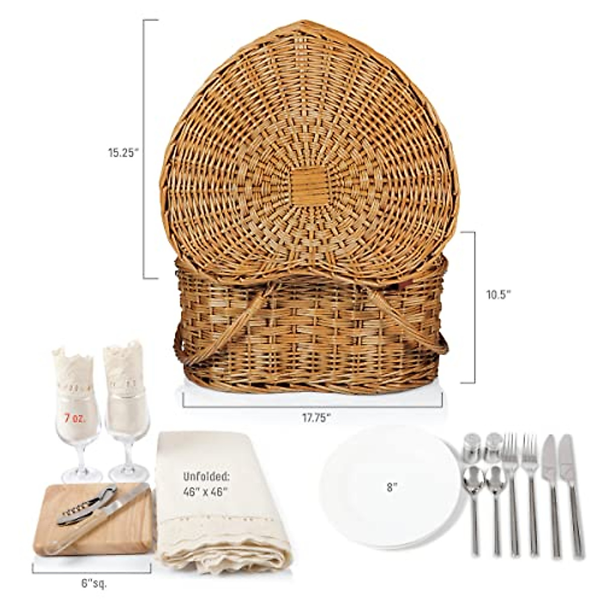 PICNIC TIME Heart Wicker Picnic Basket, 2 Person Set, Couple Gifts, (Antique White)