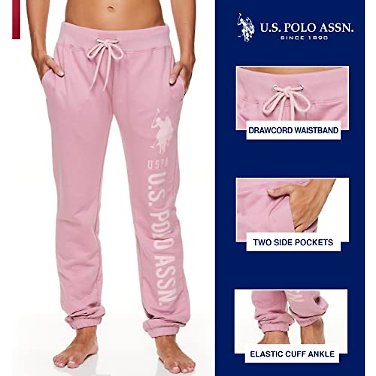 U.S. Polo Assn. Essentials Womens Basic Sweatpants with Pockets - French Terry Jogger Sweats (Mauve, Large)