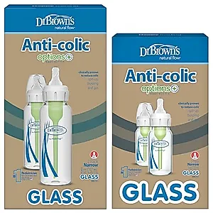 Dr. Brown's Natural Flow Anti-Colic Options+ Narrow Glass Baby Bottles, Made in The USA, BPA Free, 8oz and 4oz, 0m+, 4-Pack