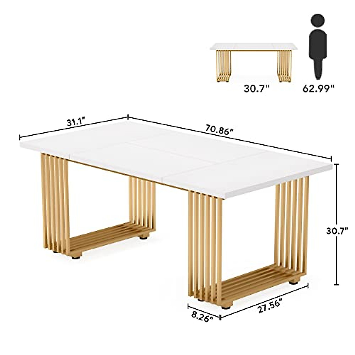 Tribesigns Modern Dining Table for 6-8 People, 70.8 Inches Long White Dining Room Table for Kitchen, Wood Kitchen Table with Gold Metal Legs, Rectangular Dinner Table for Dining Room, Family Gathering