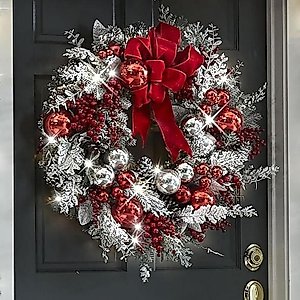 Red and White Holiday Wreath for Front Door - Cordless Wall Hanging Christmas Garland Trim for Indoor and Outdoor Decor