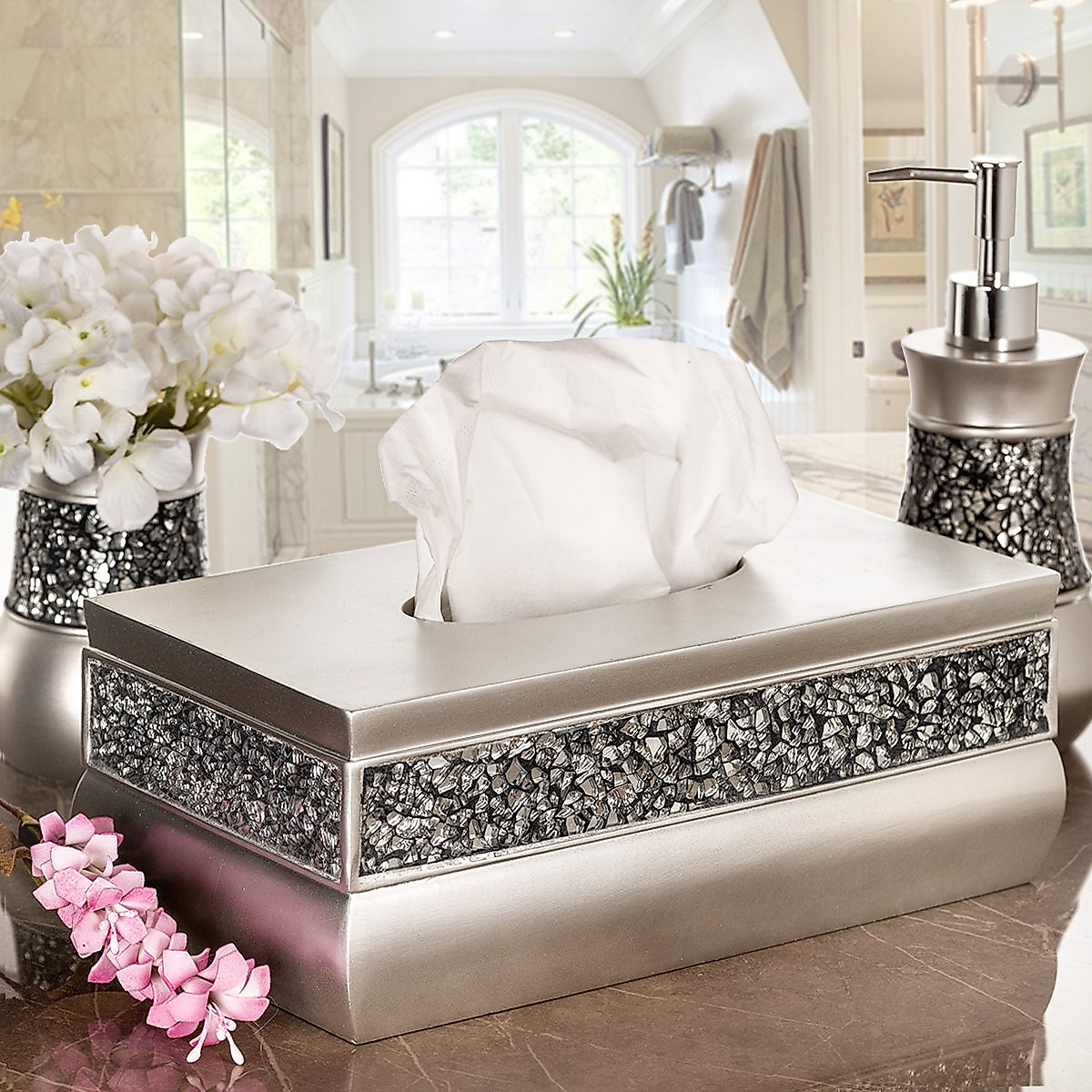 Crackled Glass Silver Tissue Box Cover Rectangular - Decorative Bling Tissue Box Holder with Beautiful Mosaic Glass - Elegant Tissue Holder for Bathroom with Durable Bottom Slider (Silver Collection)