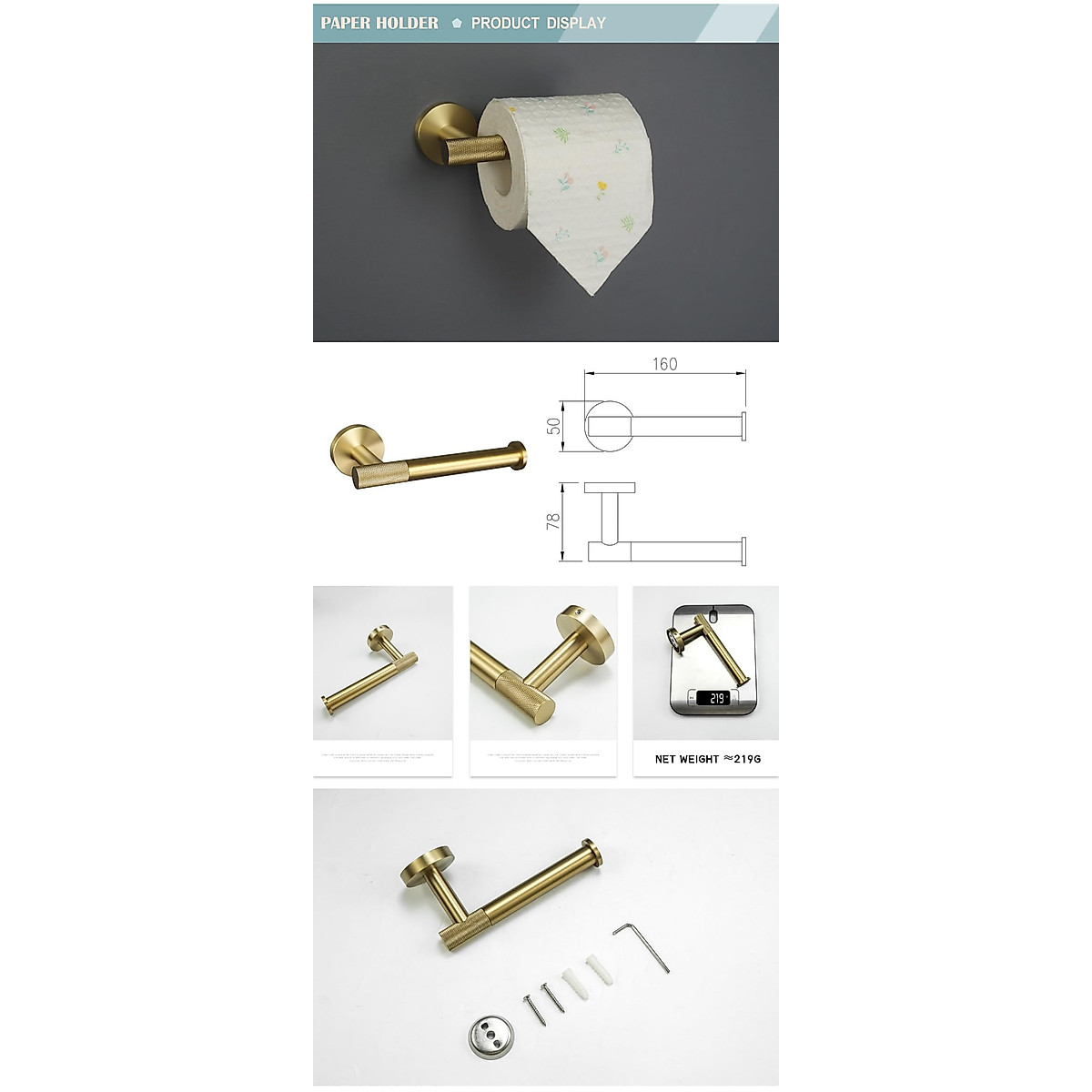 Golden Towel Rack Towel Bar Ring Brushed Gold Hardware Set Robe Coat Hook Toilet Tissue Paper Holder Bathroom Accessories Kit,2 PCS Robe Hook