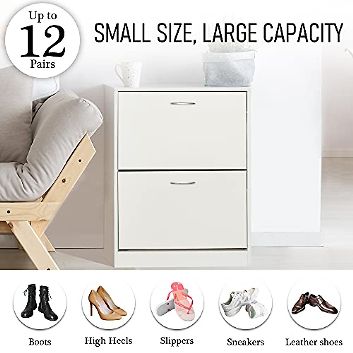 KD ModySimble Tipping White Shoe Cabinet 2-Drawer Horizontal Shoe Rack Storage Organizer Wooden Shoe Cabinet