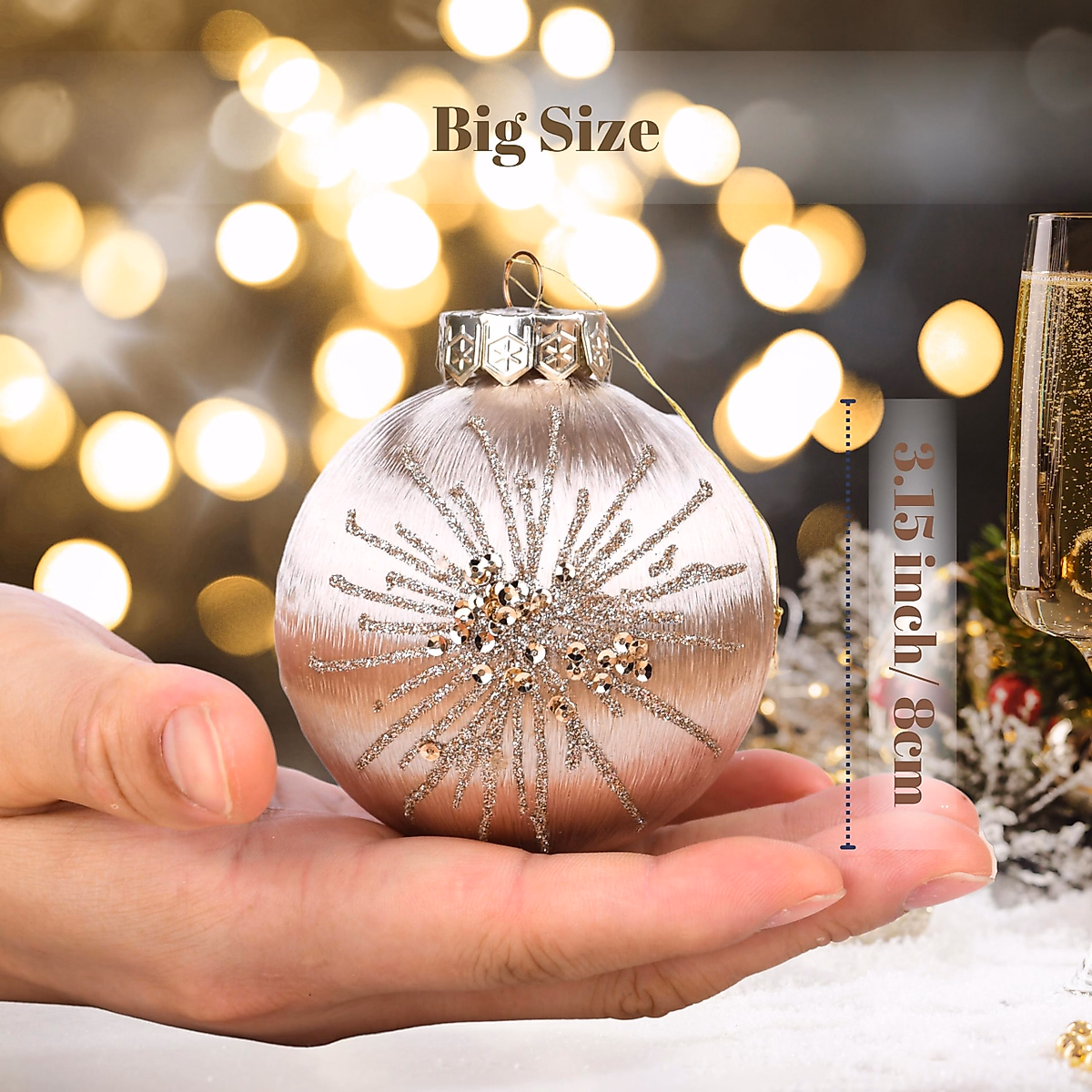 Christmas Ornaments Champagne Xmas Balls - Pack of 15 Luxury Christmas Tree Decorations Shatterproof - Satin Glitter Xmas Bulbs Set, 3.15 inch 80mm