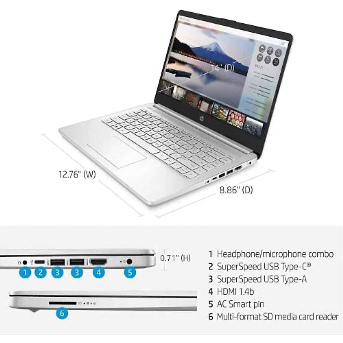 HP 2022 14" FHD IPS Display Laptop, AMD Ryzen 3-3250U, 32GB RAM, 1TB PCIe SSD, AMD Radeon Graphics, True Vision HD Camera, Wi-Fi 5, Bluetooth, Win 11, Silver, 32GB Snow Bell USB Card