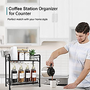 BOKIOVIN Coffee Stand Station Organizer for Countertop,Coffee Bar Organizer Accessories Shelves for Kitchen Counter 2 Tier(Black)