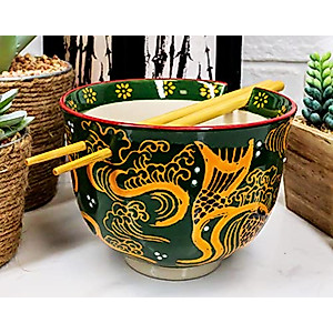Ebros Gift Colorful Green And Yellow River Koi Fishes With Crystals Ramen Udong Noodles Bowl With Built In Chopsticks Rest and Bamboo Chopstick Set for Kitchen Dining Soup Rice Meal Bowls (1)