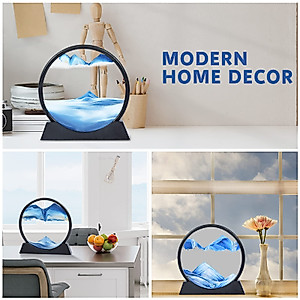 Winthfure Moving Sand Art Picture-3D Deep Sea Sandscape in Round Glass Flowing Sand Frame, Large Desktop Sand Art Toys, Relaxing Home and Office Decorations (7", Blue)