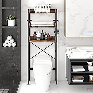 NicQliear Over The Toilet Storage Rack - 3-Tier Bathroom Organizer Shelf Over Toilet - Bathroom Space Saver Above The Toilet with 2 Hooks and 1 Toilet Paper Storage - Rustic Brown