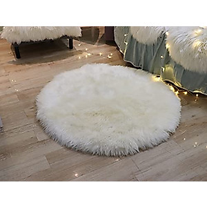 Woolous Round Genuine Sheepskin Rug, Soft Shaggy Area Rug, Home Decorative Rug, Circular Bedroom Fluffy Rug, 3x3 ft