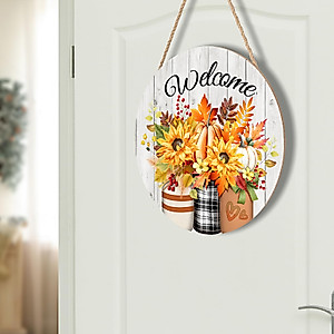 Fall Welcome Sign Door Sign 12"x12" Rustic Fall Decorations Hanging Door Sign Thanksgiving Farmhouse Welcome Round Wooden Sign for Home Front Door Wall Porch Yard Garden