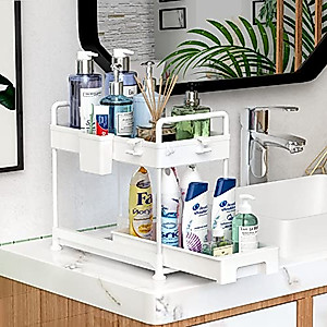 SOYO Under Sink Organizers and Storage 2 Pack, Bathroom Organizer Under Cabinet Storage, Undersink Sliding Basket Drawer for Kitchen Organization, Pull Out Shelf with Handles, Hanging Cups, White