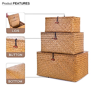 Ruosuruosu Decorative Wicker Storage Bins with Lids,Woven Seagrass Storage Baskets for Kids Toys,Shelves, Bathroom, Bedroom,Set of 3 Stackable Storage Boxes Large, Medium, Small
