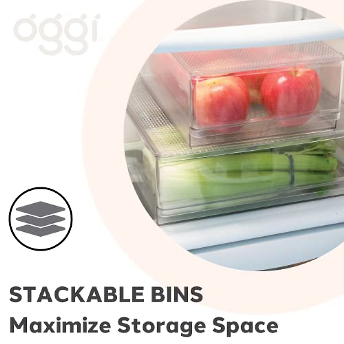 Oggi Clear Stackable Storage Bin with Lid - Ideal for Kitchen, Pantry, Cabinet, Bathroom, Bedroom, Kids, Refrigerator, Freezer. With Handles - Organize Jars, Packets, Snacks, Pasta - 12x4x4