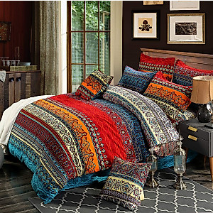 HNNSI Brushed Cotton Bohemian Duvet Cover and Fitted Sheet Sets Queen Size 4 Pieces, Bohemia Exotic Striped Bedding Sets, Boho Comforter Cover Sets,NO Comforter (Fitted Sheet Sets, Queen)