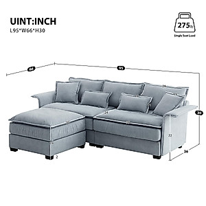 DEINPPA Sectional Sofa with Bentwood Armrests, Modern Deep Seat Sofa Couch with Ottoman, Tech Cloth Upholstered Sleeper Sofa, Comfy Furniture for Living Room, Apartment, Studio, Office-Blue