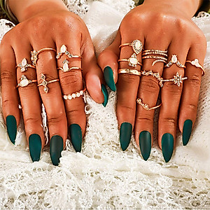 Aimimier 17 Pcs Bohemian Stackable Joint Knuckle Ring Set Crystal Opal Genstone Sun Star Finger Ring Diamond-studded Midi Rings for Women