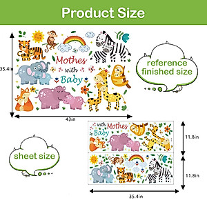 Supzone Jungle Animal Wall Decals Cartoon Animal Mother with Baby Wall Stickers Elephant Giraffe Monkey Wall Sticker for Kids Baby Nursery Playroom Bedroom Girls Boy Room Wall Decor