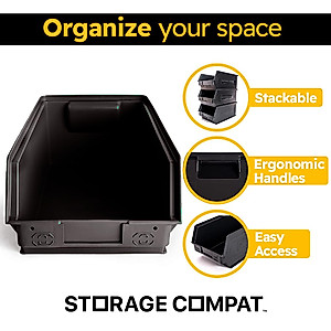 Storage Compat 6 Pack Small Storage Bin, Wall Mount Storage, Hanging and Stacking Bin, Freestanding | 12” x 8” x 6” Plastic Container | Black | Zeus 3A2PLZ06