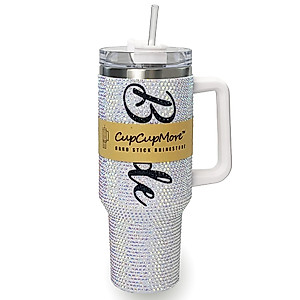 Cupcupmore 40oz Print Bling Rhinestone Stainless Steel Sippy Tumbler Glitter Vacuum Insulated Water Bottle with Straw & Lid &Handle,Thermos for Hot & Cold Drinks,Car Cup Holder (Bride White, 40 oz)