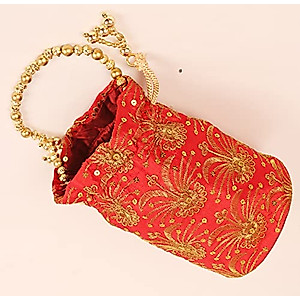 Indtresor beaded handcrafted embroidered evening purse drawstring handbag vintage party wedding gift for women. Red Gold