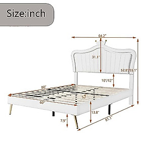 Queen/Full Size Upholstered Bed Frame with Led Lights, Modern Upholstered Princess Bed with Crown Headboard, Wooden Slats Support, No Spring Box Needed (Queen, White)