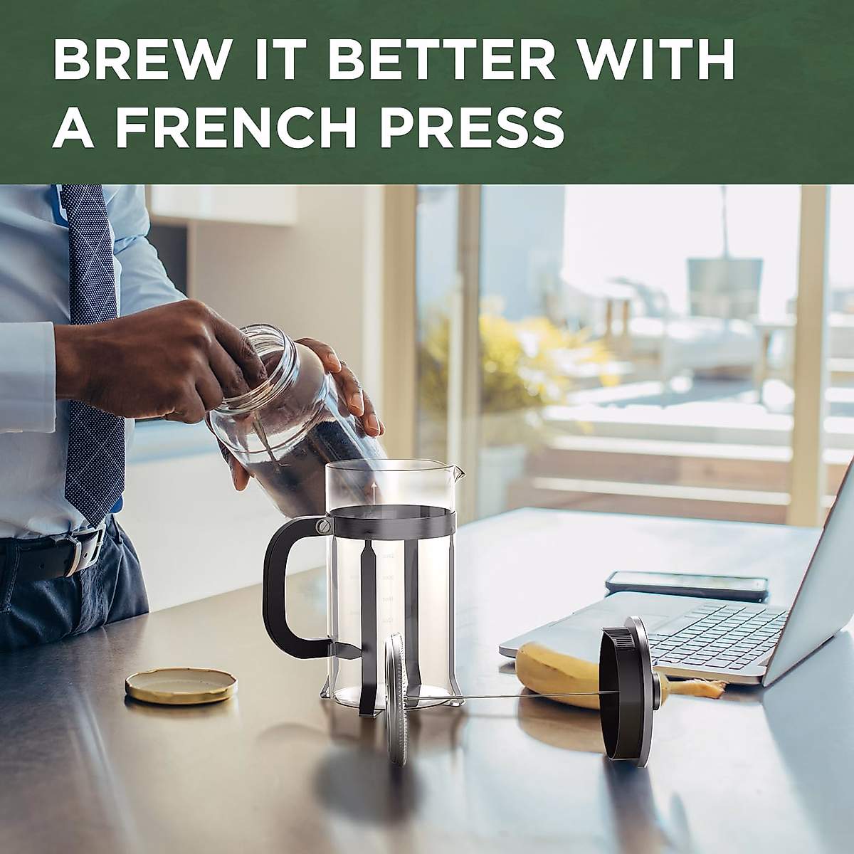 French Press Coffee Maker, 34 Ounce 1 Liter, Stainless Steel, Cold Brew Heat Resistant Borosilicate Glass Espresso Coffee & Tea Maker with 4 Filter