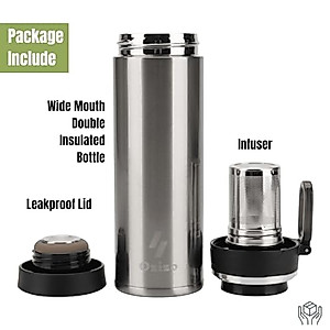 Tea Thermos with Infuser, 18 oz Stainless Steel Double Wall Insulated Ozizo Flask with Leakproof Lid