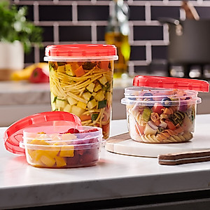 PLASTICPRO 6 Pack Twist Cap Food Storage Containers with Red Screw on Lid- 32 oz Reusable Meal Prep Containers - Freezer and Microwave Safe Red Plastic Food Storage