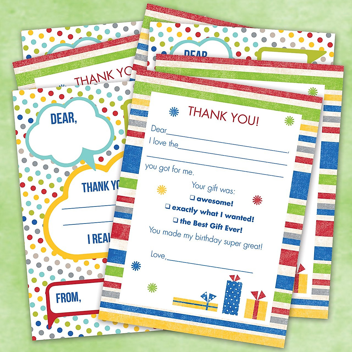 Dots and Stripes Kids Thank You Note Card Pack / 20 Fill In Childrens Colorful Thanks Cards With White Envelopes / 4 5/8" x 6 1/4" Kid Birthday Party Thank You