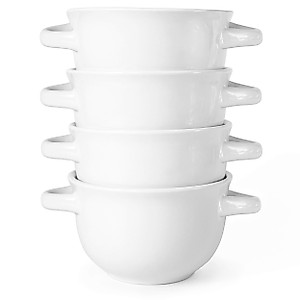 KooK Soup Bowls, French Onion Soup Bowls, Soup Crocks, Oven Safe Bowls, Soup Mugs, Ceramic Bowls with Handles, for Rice, Dessert, Pasta, Dishwasher, Microwave, Set of 4, 18 Oz (White)