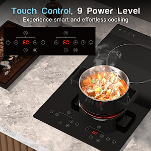 2 Burner Electric Cooktop, 110v Electric Stove with Plug, 12 Inch Countertop & Built-In Portable Electric Stove, 9 Levels of Power, 2000W, Touch Control, Safety Lock, Timer, Pause Function, Karienvir