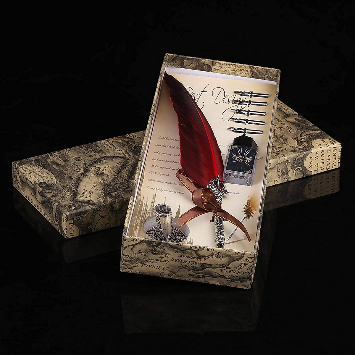 Feather Pen, Quill Pen Antique Dip Pen Set - Acogedor Calligraphy Feather Dip Quill Pen Set - Writing Quill Ink Dip Pen with 5 Replacement Nibs and Pen Nib Base, for Stationery Gift (Red)