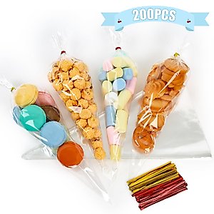 VGOODALL 200PCS Cone Cellophane Bags, 6.3 x 11.8 Clear Treat Bags for Popcorn Candy Bags, Triangle Party Gift Bags with ties for Christmas party, Wedding, Brithday, Pop Gift Candy Buffet Supplies