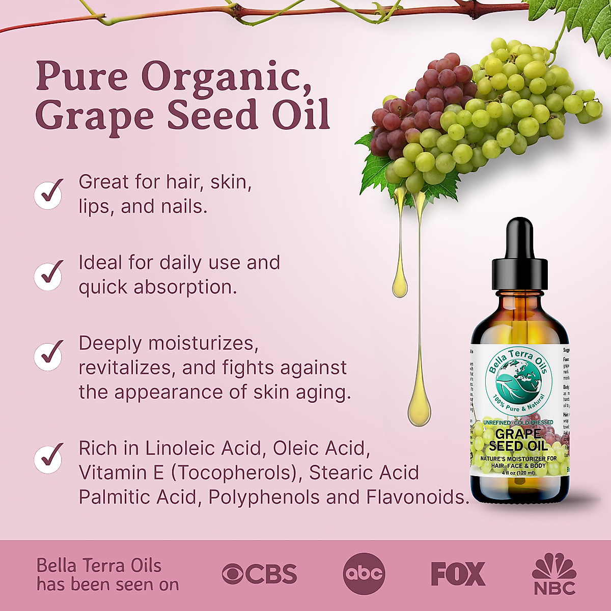 Bella Terra Oils - Organic Grape Seed Oil 4 oz - Embrace the Richness of Polyphenols & Flavonoids, Infused with Oleic Acid, For a Silky-Smooth Skin Finish