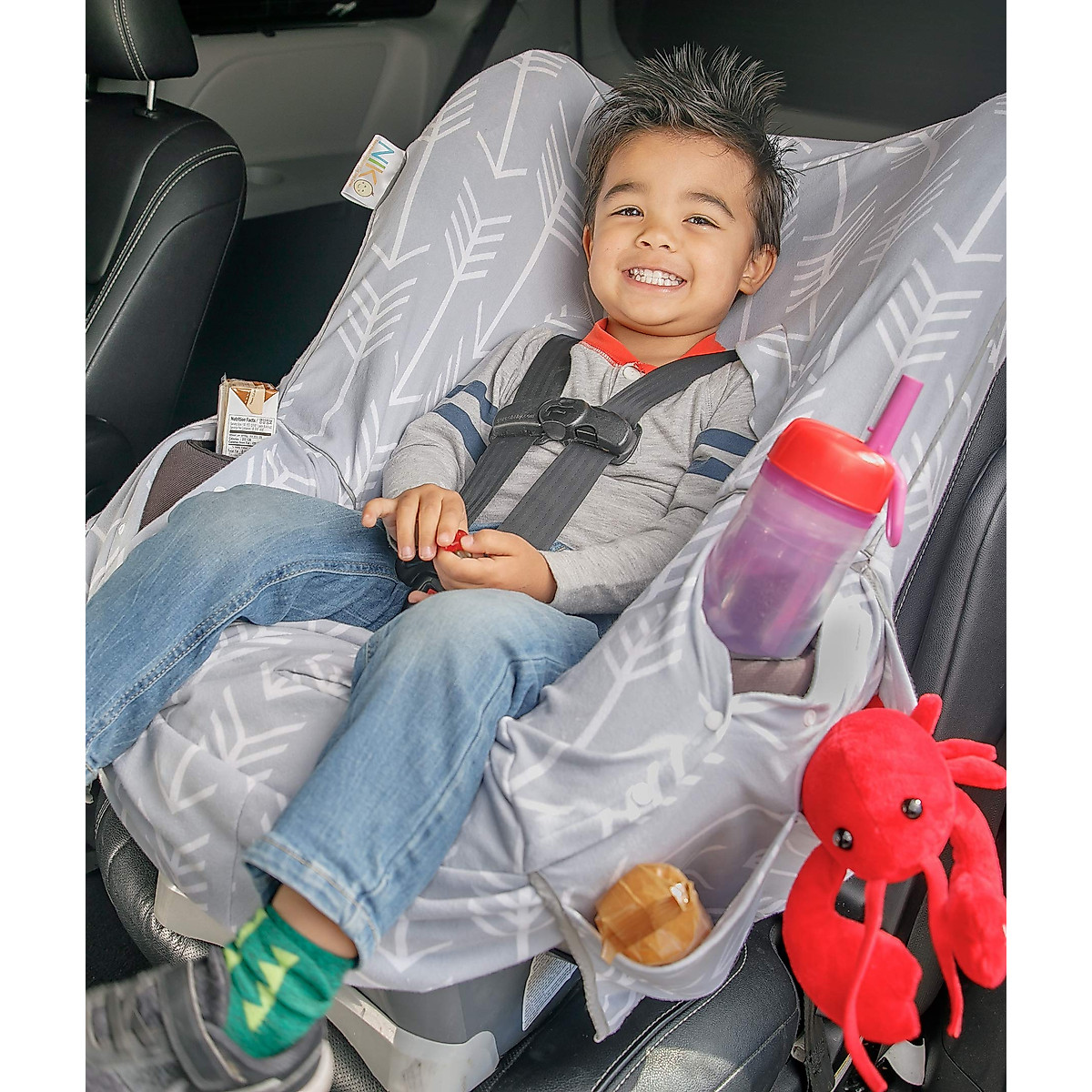 Niko Easy-Wash Children's Car Seat Cover & Liner - Cotton Jersey Gray & White Arrow Pattern - Universal FIT - Crash Tested - Waterproof SEAT Bottom - Easy to Clean - Machine Washable
