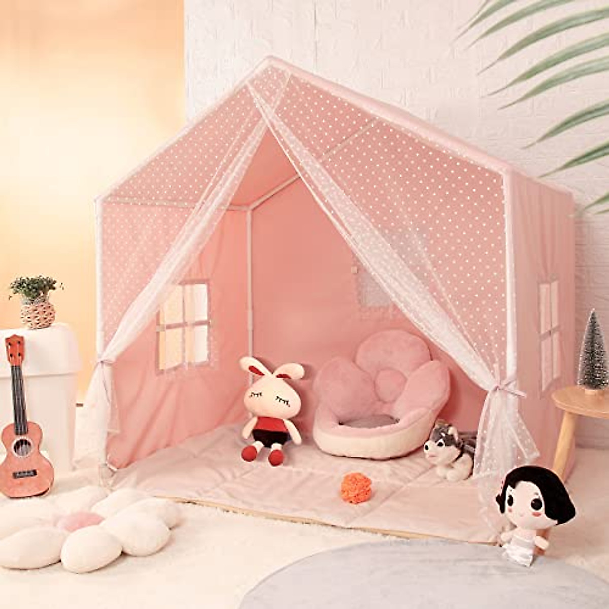 Kids Play Tent Indoor Outdoor, Large Play House Tents for Toddlers 3-12 Years Old, Girls Boys Play Tents with Non-Slip Mat and Star Lights, Pink 51" x 35.5" x 52"