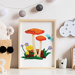 5 Sets Embroidery Starter Kit with Patterns and Instructions Mushroom Cross Stitch Set for Beginners DIY Adult Kids Beginner Cross Stitch Set with Mushroom Pattern Embroidery Hoops Needles Threads