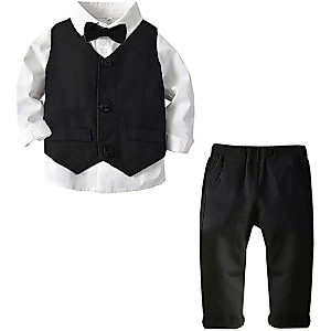 SANGTREE Baby Boy's Tuxedo Clothes, 3 Pieces Fall Winter Outfit, Long Sleeves Button Down Dress Shirt with Bow Tie + Vest + Pants Set Gentlemen Clothing, A - Black, 9-12 Months = Tag 70